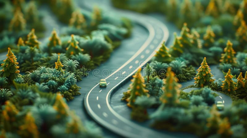 A Miniature Car Driving Down a Winding Road in the Forest, AI Stock ...