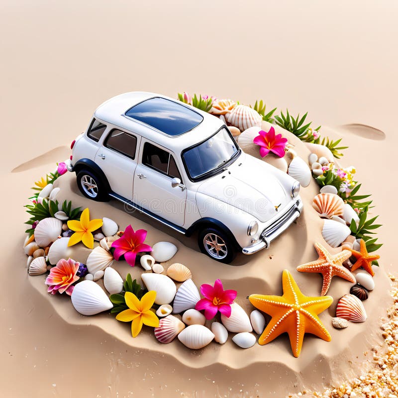 Miniature Car with Flowers in Beach Side Sand and Star Fish, Shells, Vector Illustration ...