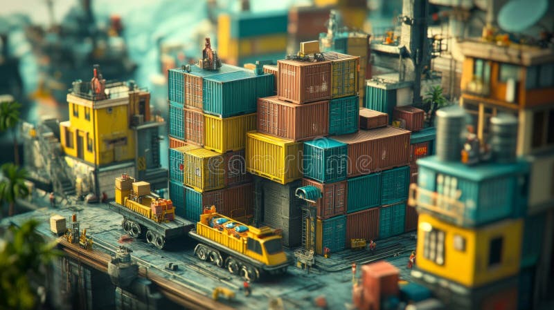 Miniature Cargo Port: Colorful Containers and Cityscape Stock ...