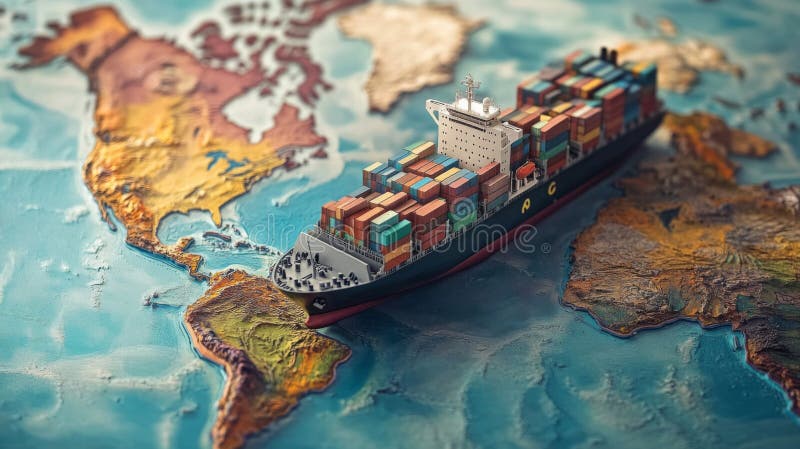 Miniature Cargo Ship on a World Map Stock Illustration - Illustration ...