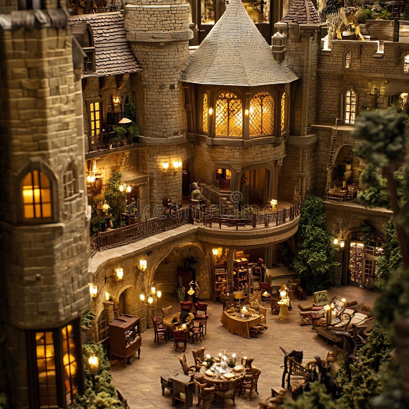 Miniature Castle Model with Courtyard and Tables Set for a Feast Stock ...