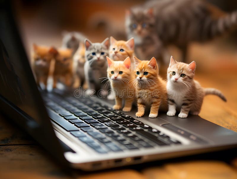 Miniature Cats and Computer, Generative Ai Stock Illustration ...