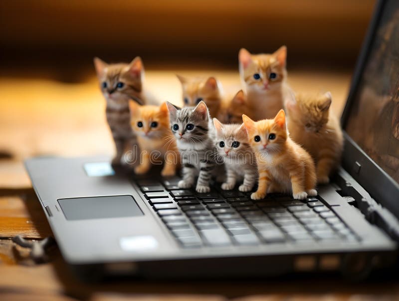 Miniature Cats and Computer, Generative Ai Stock Illustration ...