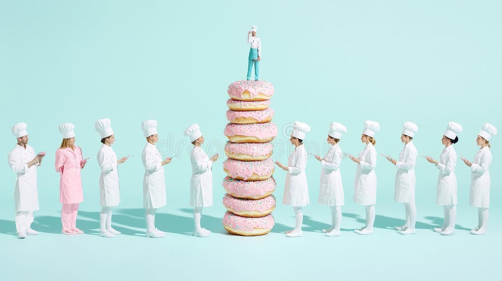 Miniature Chef Atop Donut Stack, Pastel Studio, Bakers Observing Stock ...