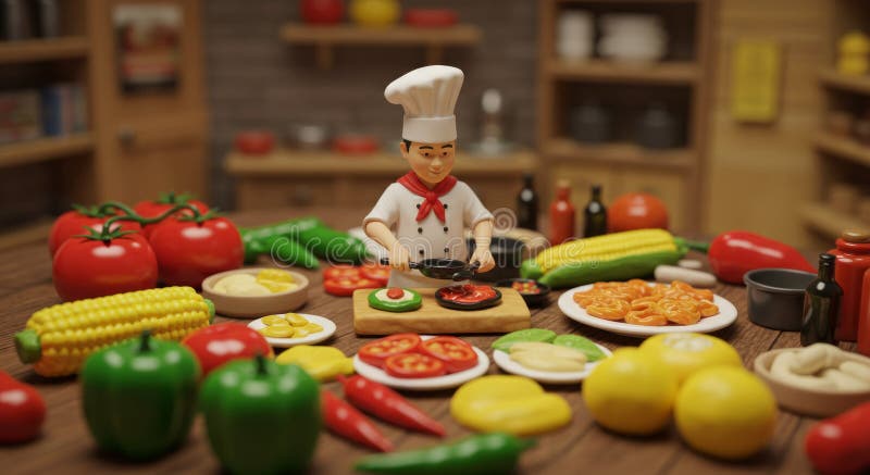 Miniature Chef Cooking with Fresh Vegetables in a Whimsical Kitchen ...