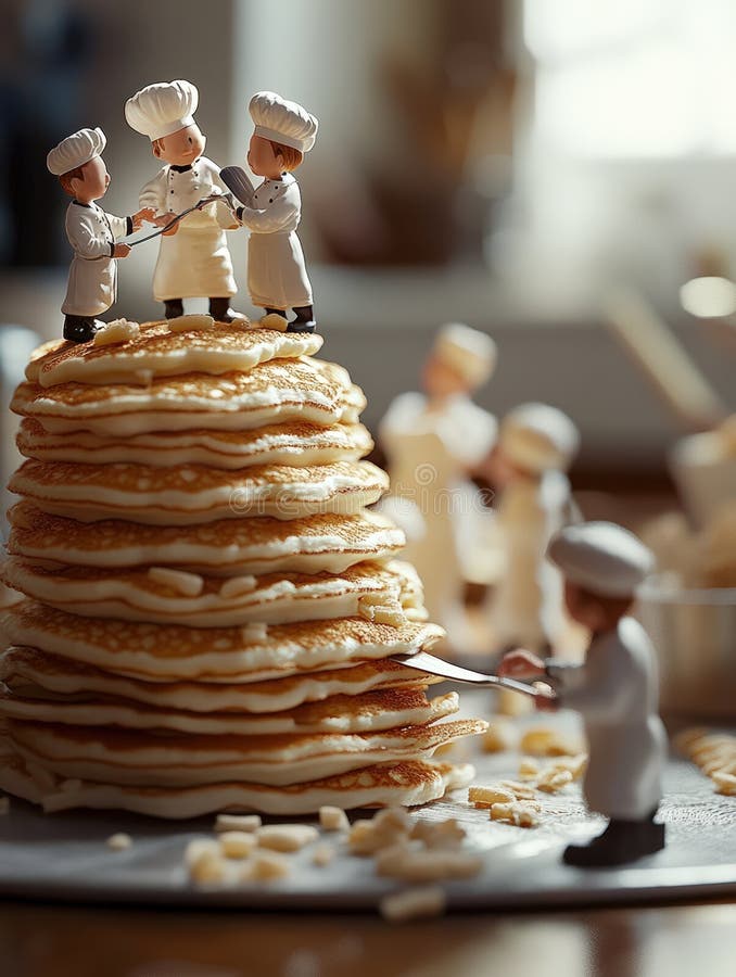Miniature Chefs Creating a Tower of Pancakes in a Cozy Kitchen Scene ...