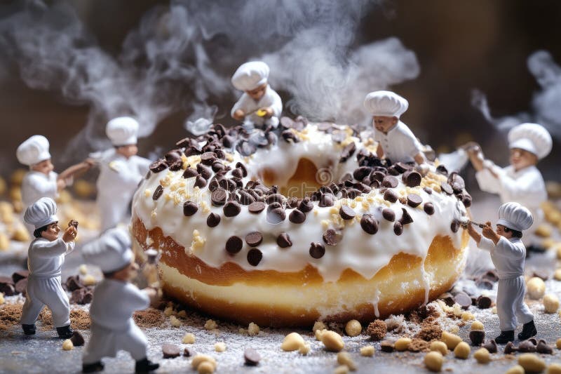 Miniature Chefs Decorating a Giant Donut with Chocolate Chips and ...
