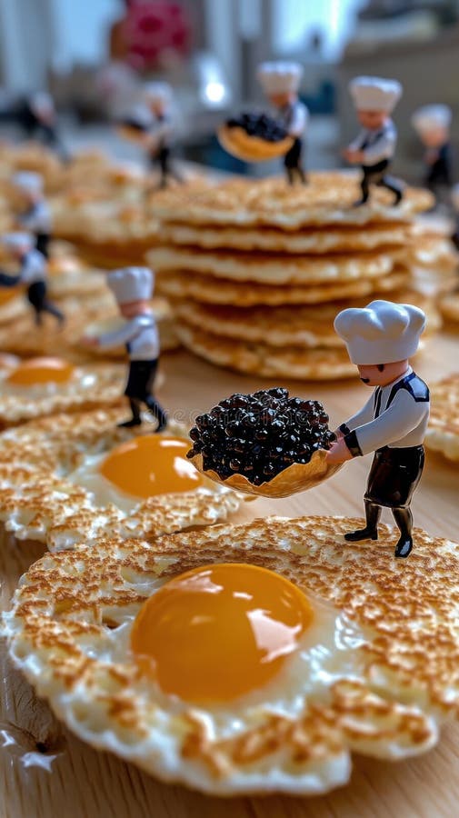Miniature Chefs Preparing Gourmet Dish with Caviar and Fried Eggs Stock ...