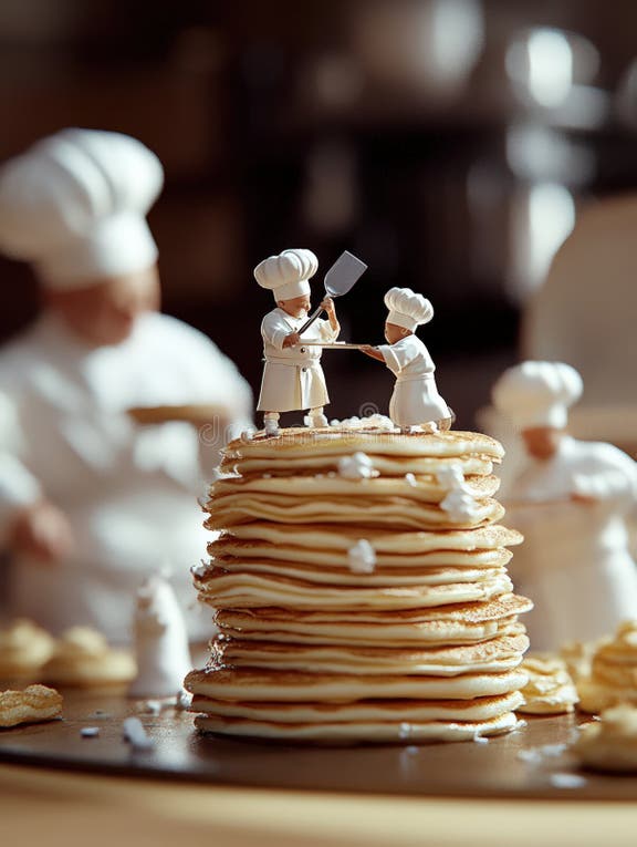 Miniature Chefs Preparing a Stack of Pancakes in a Whimsical Setting ...