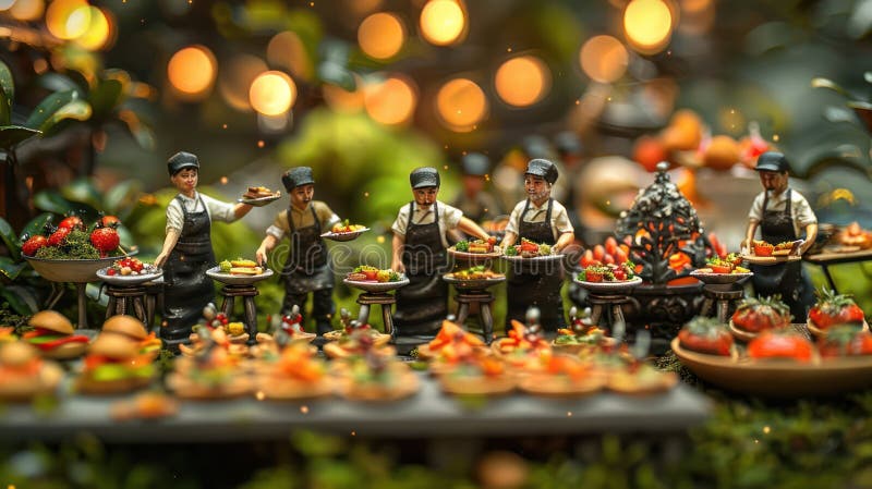 Miniature Chefs Preparing Delicious Buffet: Festive Food Scene Stock ...