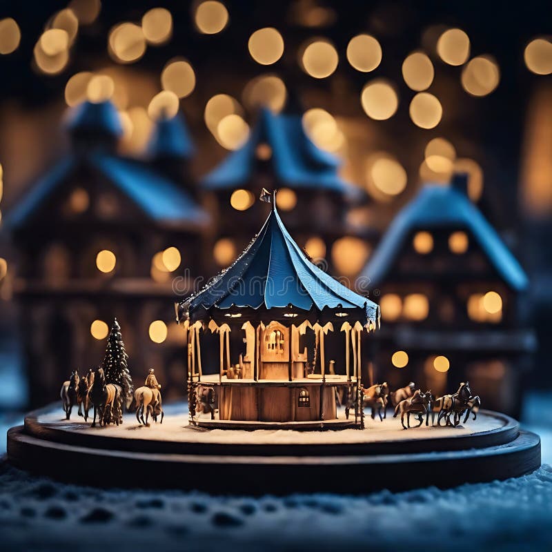 A Miniature Christmas Scene. in the Center There is a Small Carousel ...