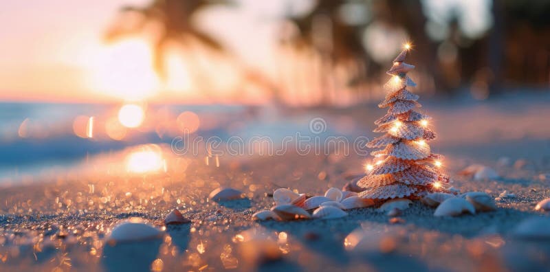 Miniature Christmas Tree on Sandy Beach at Sunset Stock Photo - Image ...