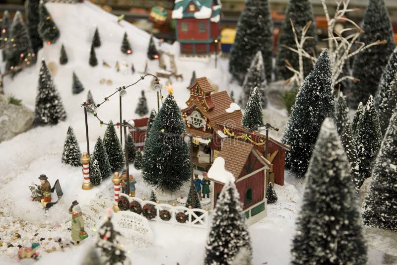 Miniature Christmas Tree Scene Stock Photo - Image of lights, holidays ...