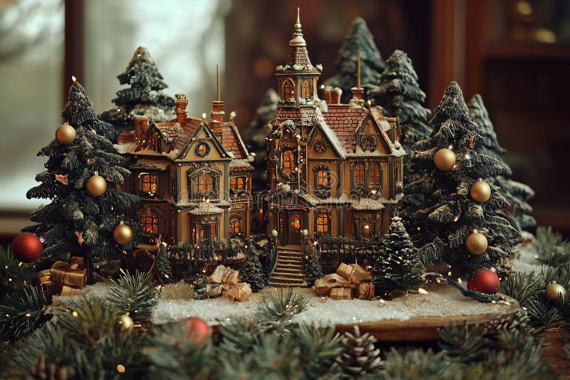 Miniature Christmas Village Scene with Decorations. Stock Illustration ...