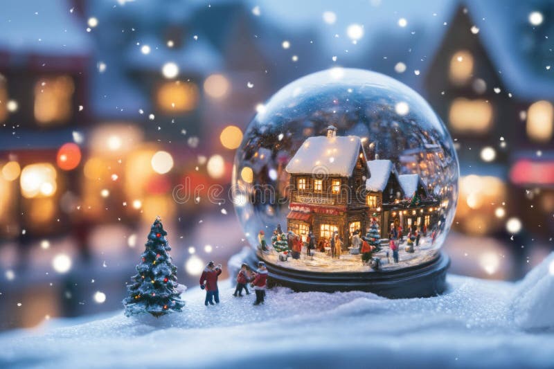 A Miniature Christmas Village Scene Inside a Snow Globe with Falling ...