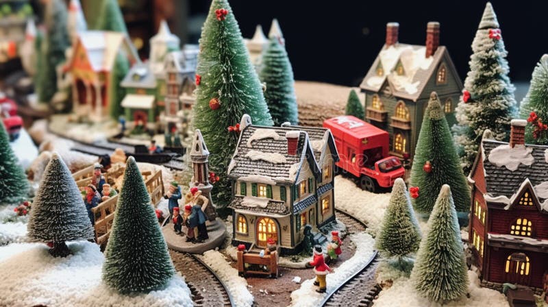 A Miniature Christmas Village Set Up Stock Illustration - Illustration ...