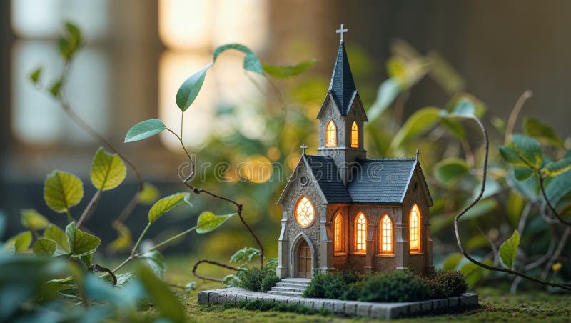Miniature Church Model Glowing Windows Surrounded Greenery Stock Photos ...