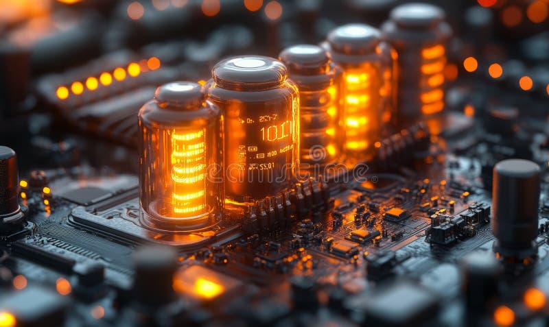 Miniature Circuit Board with Glowing Orange Components at Night Stock ...