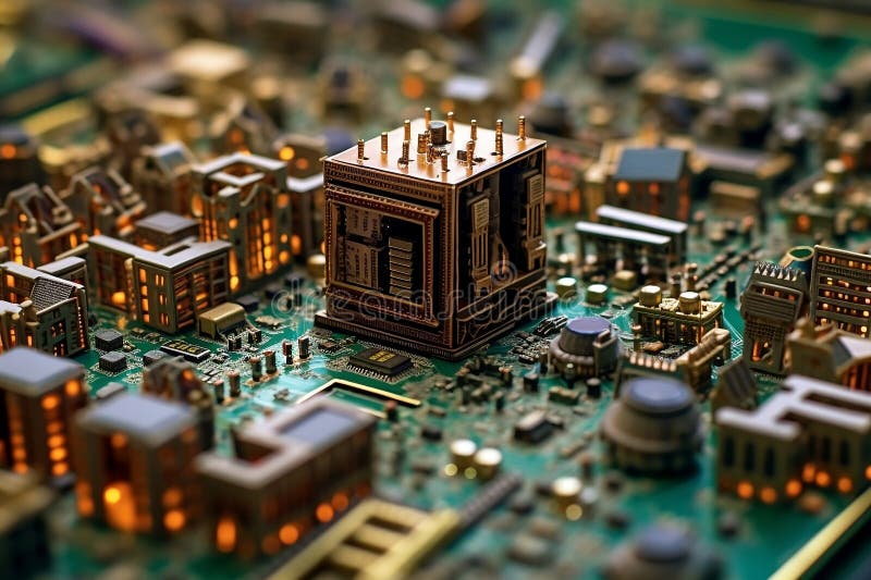 Miniature Circuit Board Resembling an Old City, Generative AI Stock ...