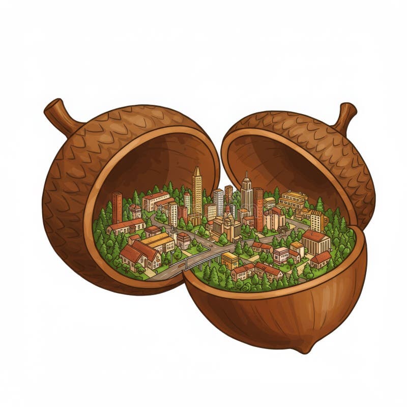 Miniature City Inside Giant Acorn Shell Stock Illustration ...