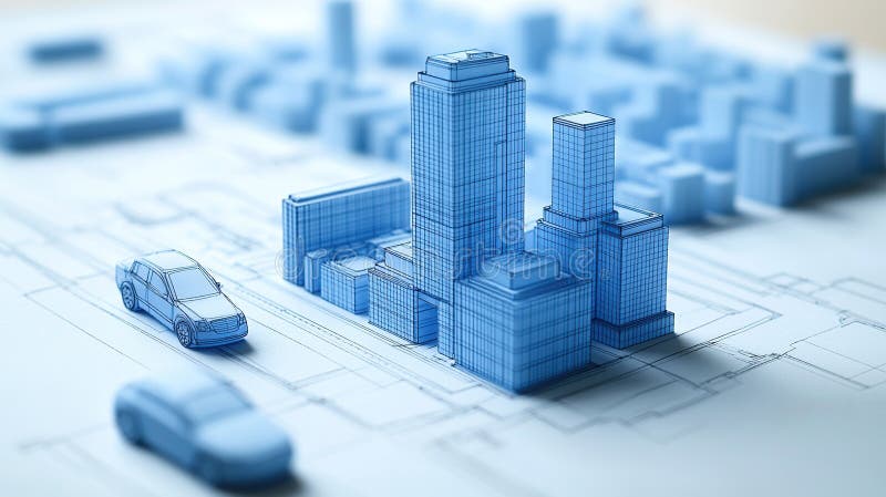 Miniature City Model on Blueprint Stock Illustration - Illustration of ...