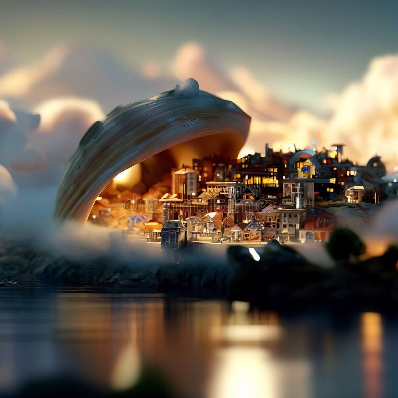 Miniature City in Shell. Surreal Mystical Fantasy Artwork Stock ...