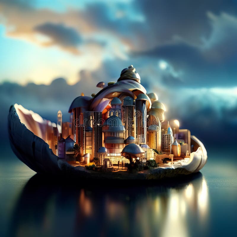 Miniature City in Shell. Surreal Mystical Fantasy Artwork Stock ...