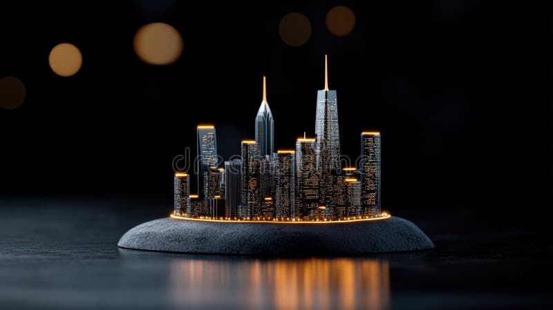 Miniature City Skyline with Illuminated Buildings on a Dark Background ...