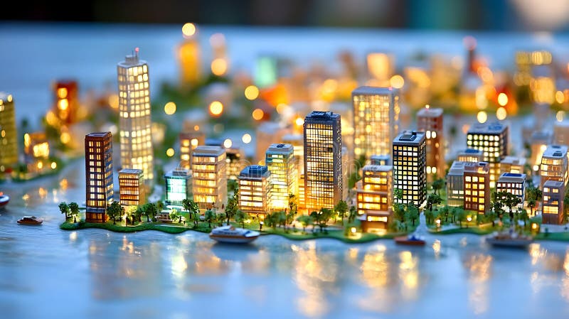 Miniature Cityscape Model with Illuminated Buildings Reflections and ...