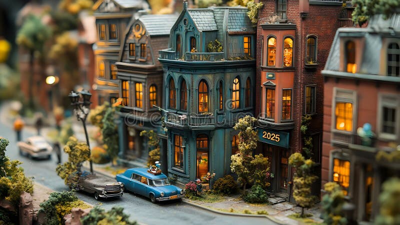 Miniature Cityscape Model with Illuminated Windows and Cars Stock Image ...