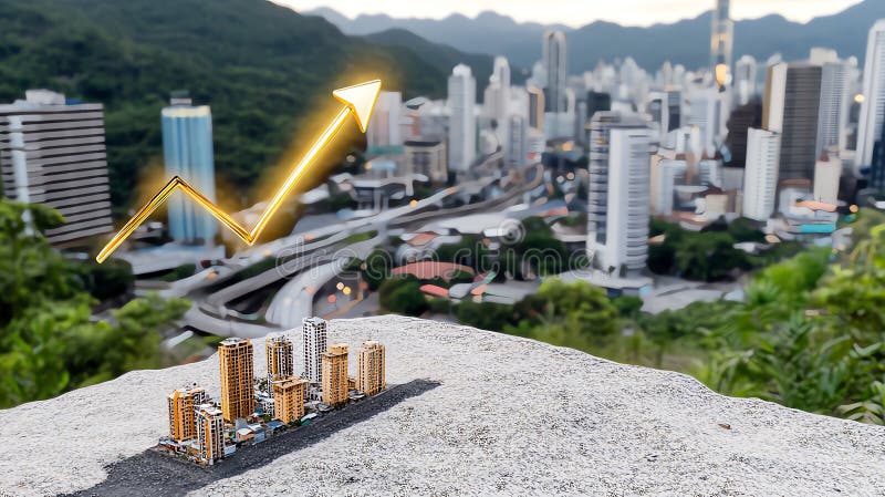 Miniature Cityscape with Rising Arrow Symbolizing Growth in Urban ...