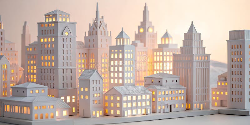 Miniature Cityscape with Warmly Lit Buildings at Dusk Stock Photo ...