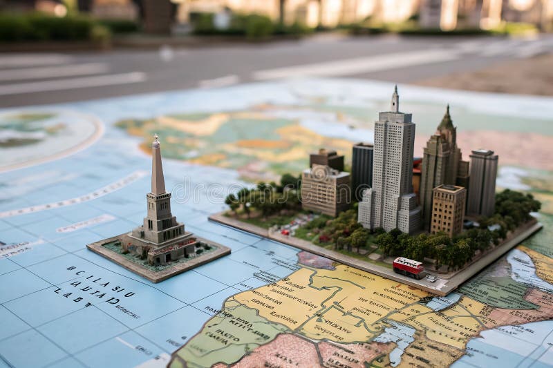 A Miniature Cityscape on a World Map Stock Illustration - Illustration ...