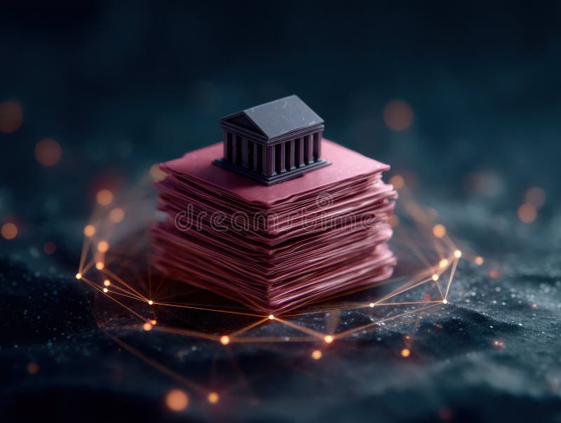 Miniature Model of a Classic Building Sits Atop a Stack of Documents ...