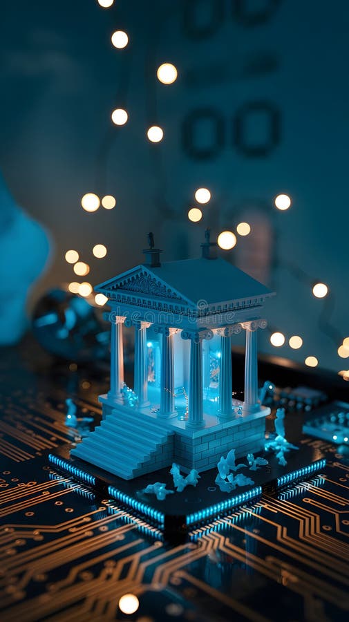 Miniature Temple on Circuit Board, Merging Tradition with Modern Tech ...