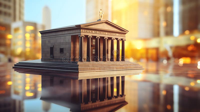Miniature Classical Temple Building Reflected with Columns Against ...