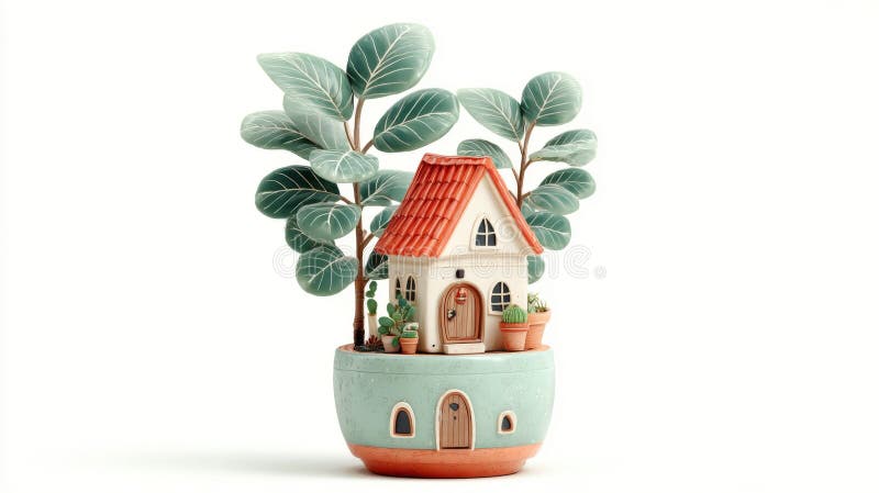 Miniature Clay House with Potted Plants and Trees Stock Illustration ...