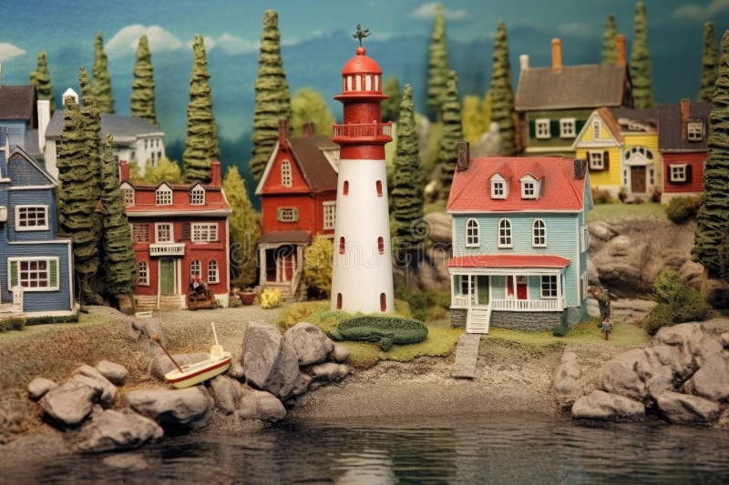 Miniature Coastal Village with Lighthouse and Boats Stock Illustration ...
