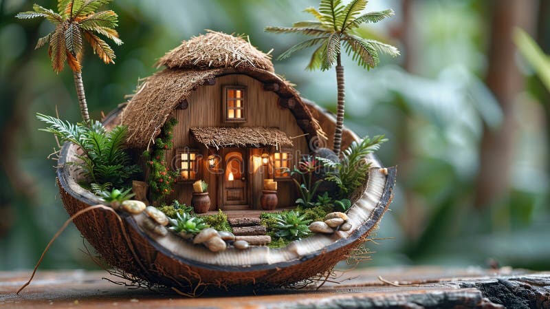 Miniature Coconut Shell Cottage Stock Illustration - Illustration of ...