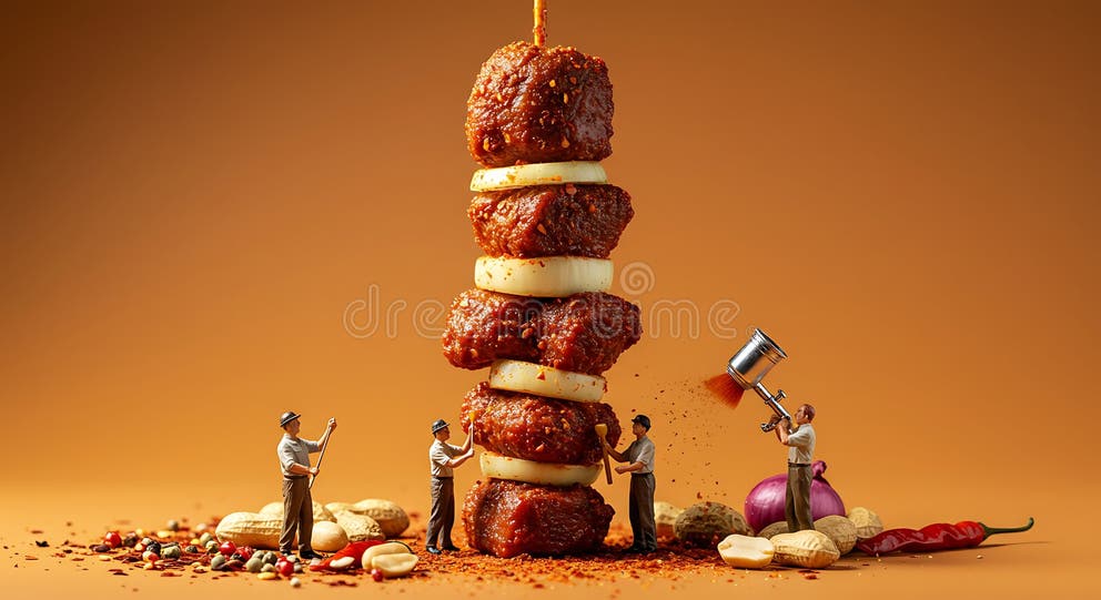 Miniature Construction Crew Assembling a Culinary Kebab Tower for ...