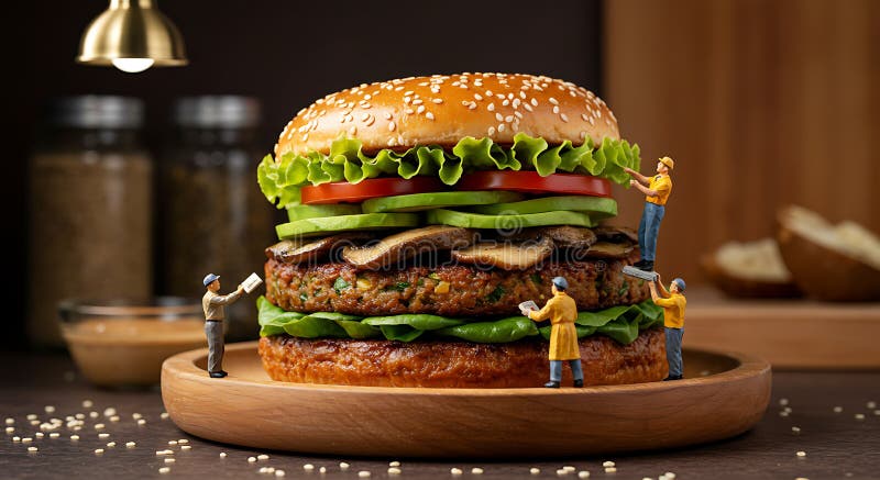 Miniature Construction Crew Building a Mega Veggie Burger, a Culinary ...