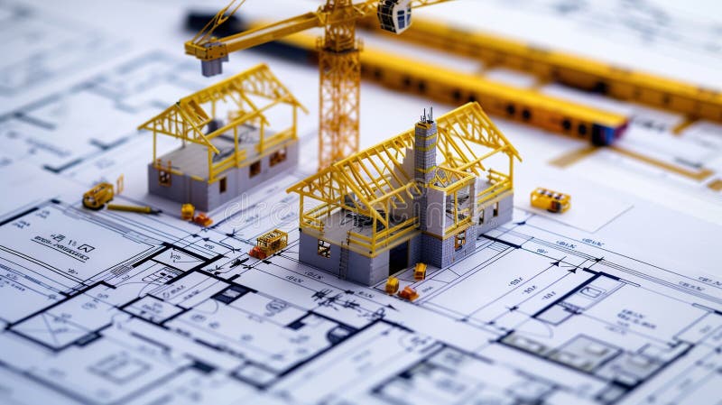 Construction Model on Blueprint Stock Illustration - Illustration of ...