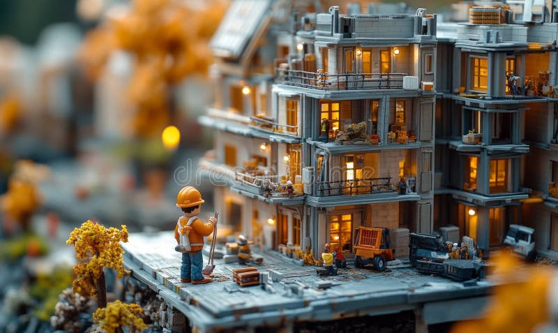 Miniature Construction Scene Featuring Detailed Building Activity at ...