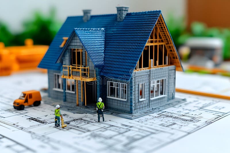Miniature Construction Scene Featuring Two Workers on a Detailed Model ...