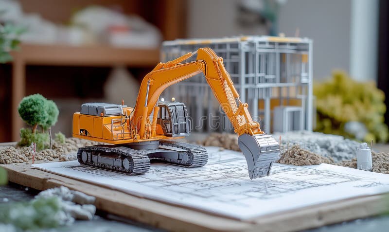 Miniature Construction Scene Featuring Yellow Excavator on Blueprints ...