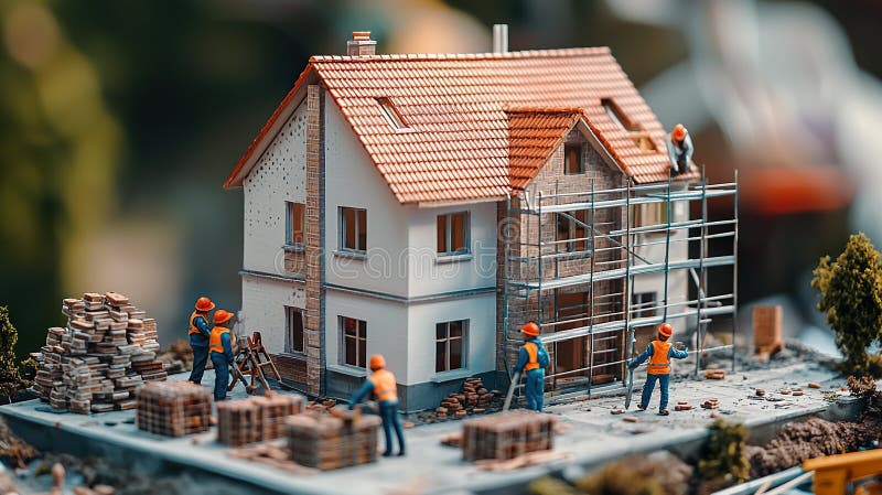 Miniature Construction Scene ,house with Red Tiled Roof and White Walls ...