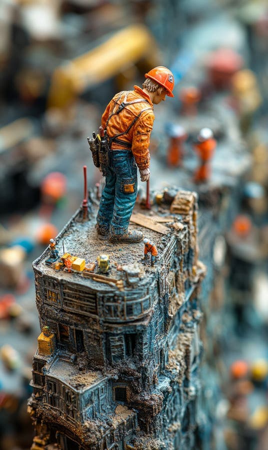 Miniature Construction Scene with Laborers Working on a Tall Building ...