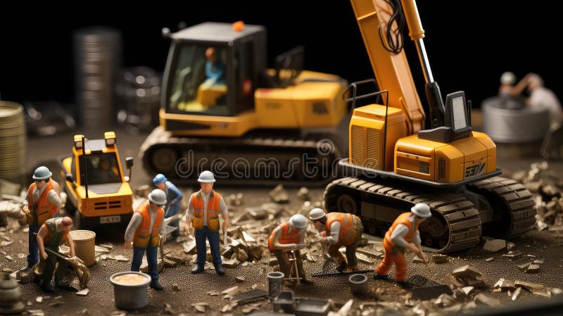 Miniature Construction Scene in Office Environment with City Background ...