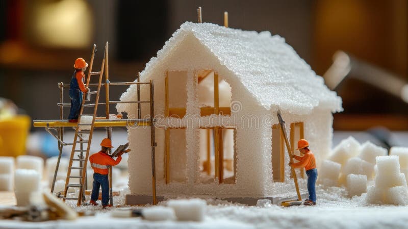 Miniature Construction Scene with Sugar Cubes and Tiny Workers Stock ...