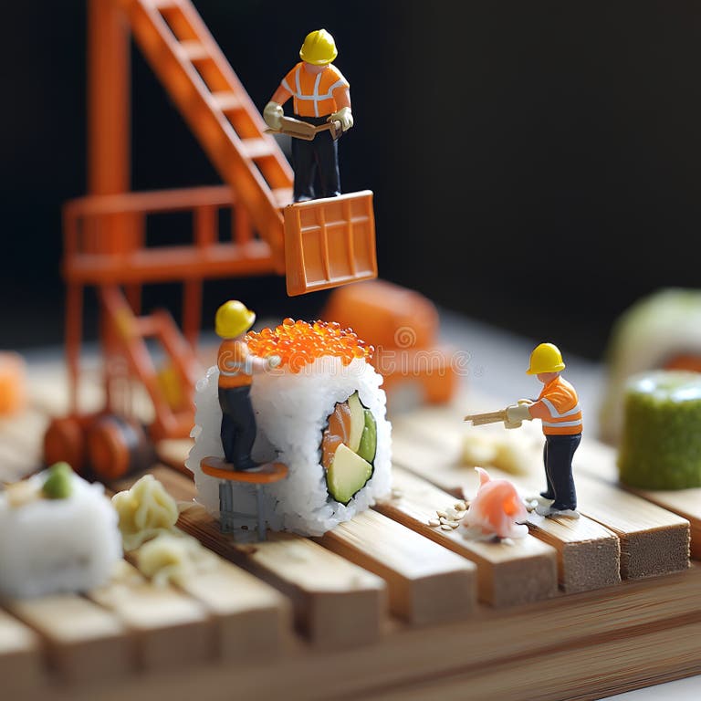 Miniature Construction Scene on Sushi with Tiny Workers Using Tools in ...
